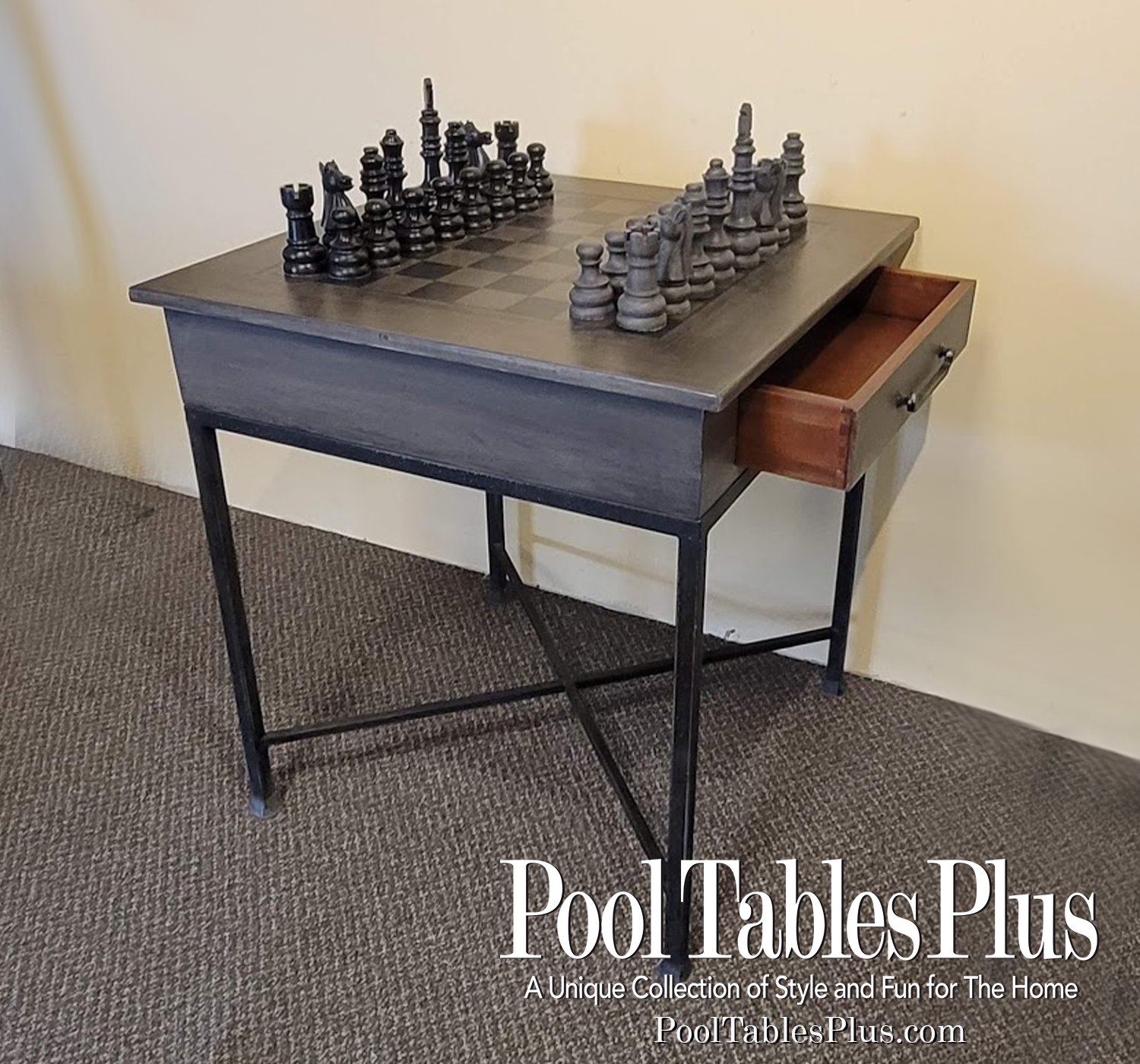 Urban Chess Table with hand carved chess pieces.