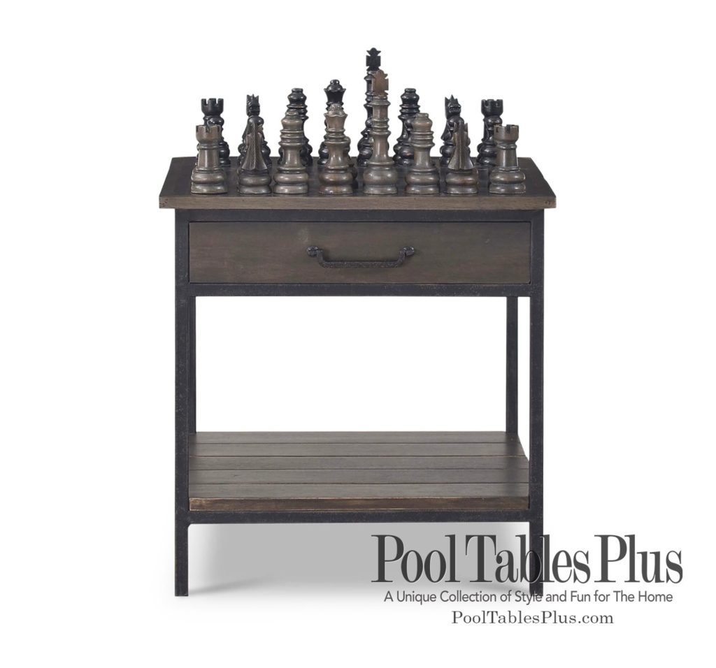 Urban Chess Table with hand carved chess pieces.