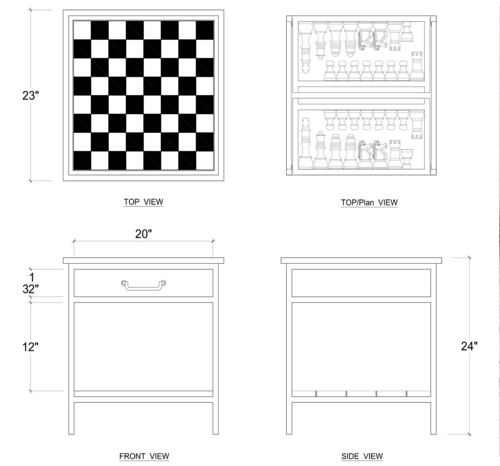 Urban Chess Table with hand carved chess pieces.